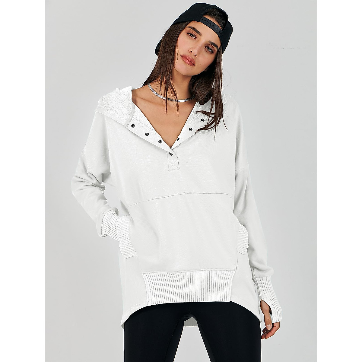 ANRABESS Women Casual Oversized Hoodies Sweatshirts Henley V Neck Hooded Pullover Sweater Tops 2024 Fall Outfits Clothes 1059benbai-M White