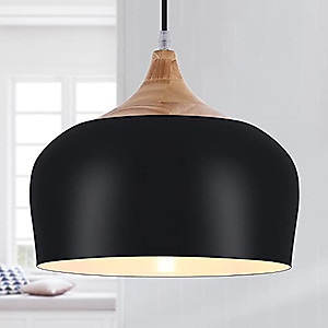 POLITAMP Modern Pendant Lights,Wooden Dome Pendant Light Fixture,Adjustable Hanging Pendant Lighting Chandelier Lamp for Kitchen Island,Dining Room,Hallway,Foyer,Bedroom(Black)