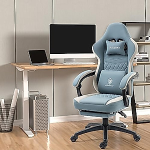 Dowinx Gaming Chair Breathable Fabic Computer Chair with Pocket Spring Cushion, Comfortable Office Chair with Gel Pad and Storage Bags,Massage Game Chair with Footrest,Blue