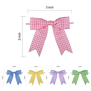 Meseey 50 Pcs 3 Inches Gingham Ribbon Twist Tie Bows Pink/Purple/Blue/Yellow/Green Buffalo Check Ribbon Pretied Bows Premade Craft Bows for Gift Wrapping Basket Wedding Baby Shower Brithday Party