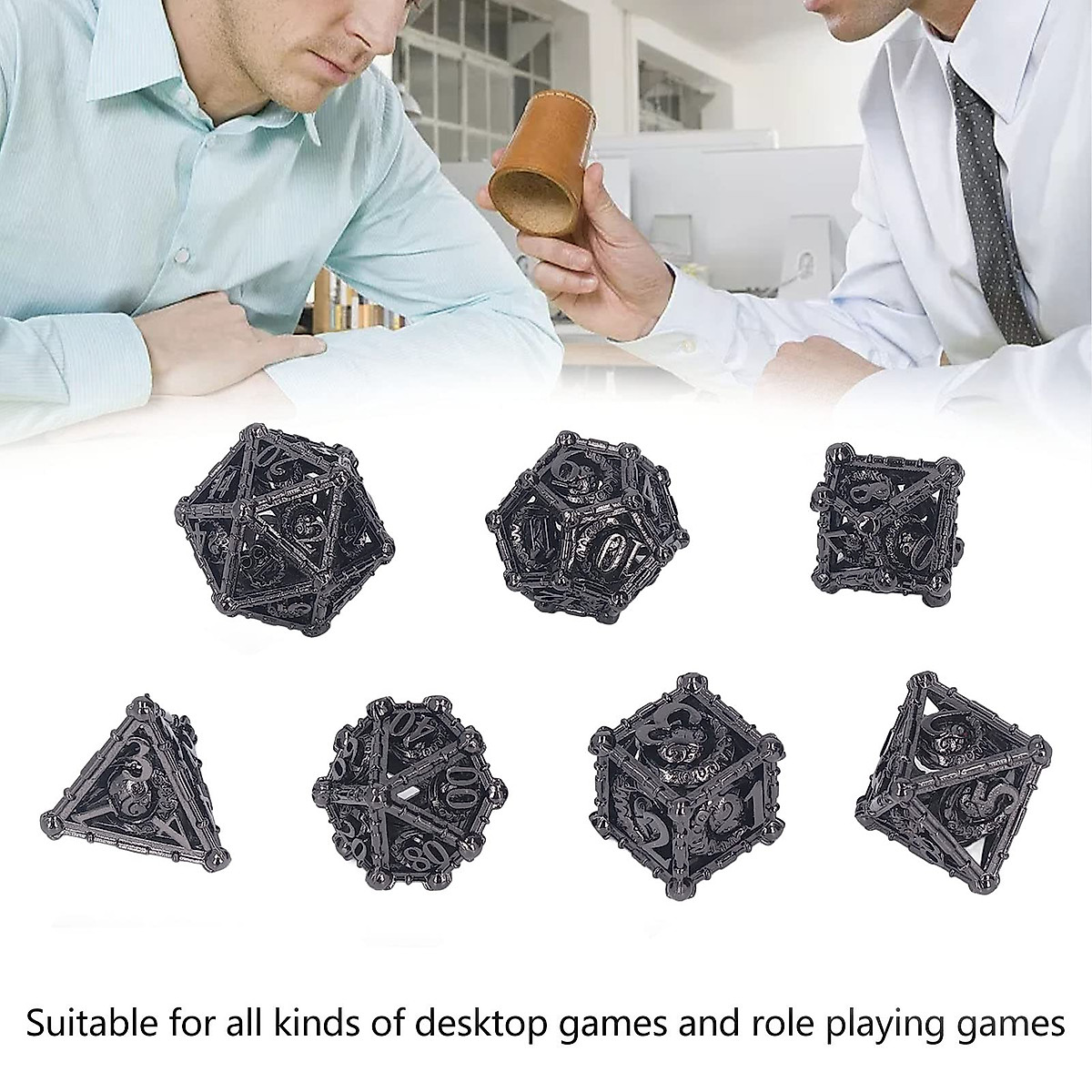 Keenso 7pcs Hollow Polyhedral Dice Set Brass Adult Christmas Party Board Game Dice Props for Role Playing Game