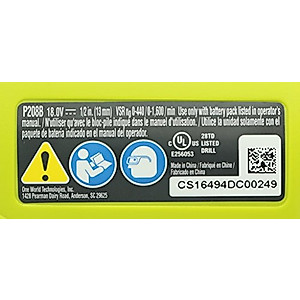 Ryobi P208 One+ 18V Lithium Ion Drill/Driver with 1/2 Inch Keyless Chuck (Batteries Not Included, Power Tool Only)