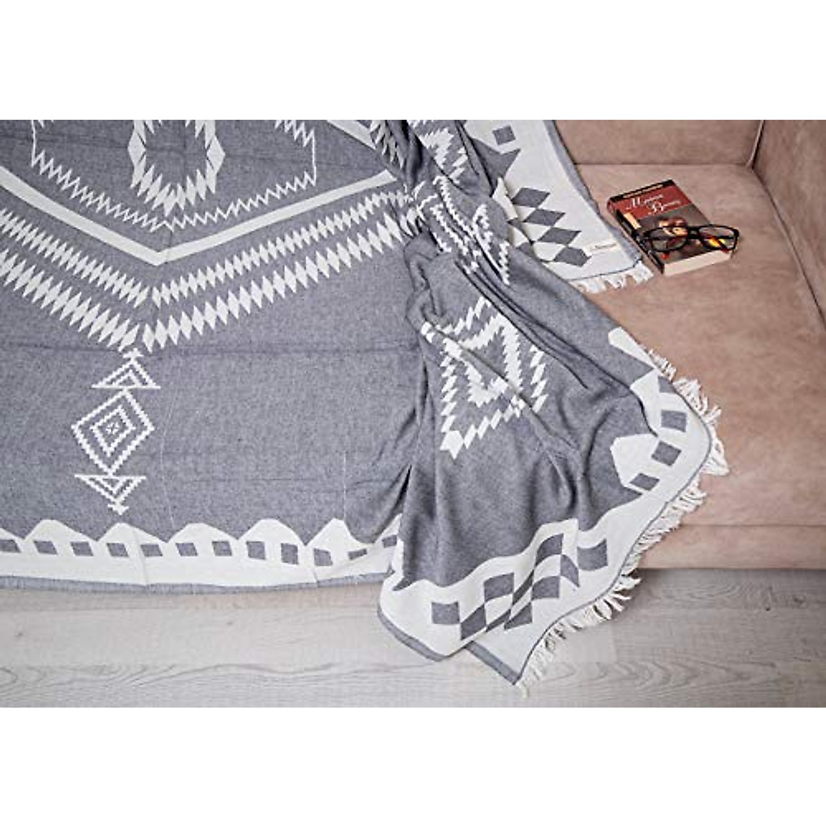 Bersuse 100% Cotton Bahamas XL Throw Blanket Turkish Towel - 75x90 Inches, Black