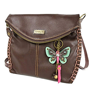 CHALA Charming Crossbody Mid Size Handbag with Mini Butterfly/Dragonfly Key fob (Dark Brown)
