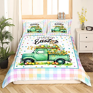 Feelyou Happy Easter Bedding Set King Size Cute Rabbit Duvet Cover Set for Kids Boys Girls Green Cartoon Truck Comforter Cover Set Colorful Plaid Quilt Cover 3Pcs