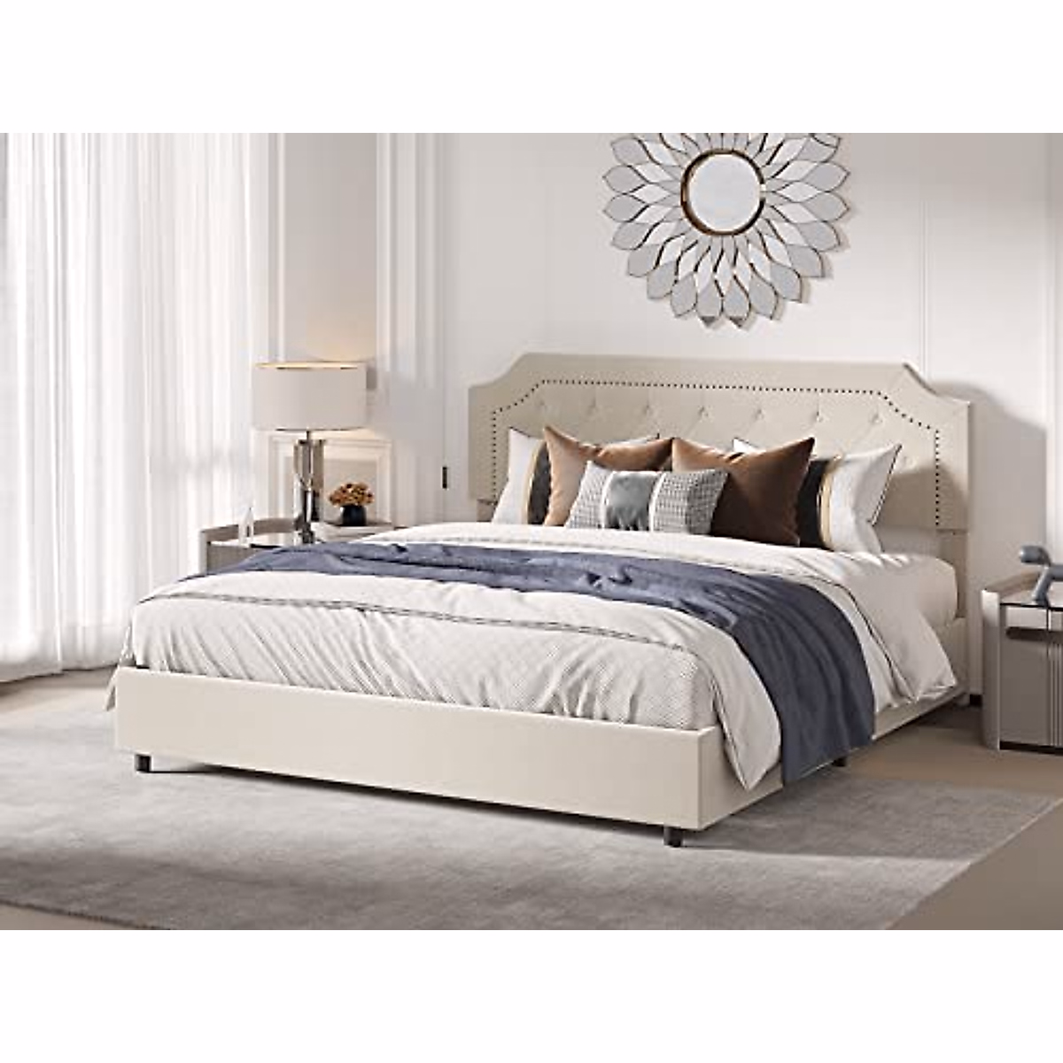BONSOIR King Size Bed Frame Upholstered Low Profile Traditional Platform with Tufted and Nail HeadboardLinen Fabric Upholstery Color of Sand (Sand, King Size)