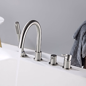 KIBI Circular Single Handle Roman Tub Faucet with Hand Shower Deck Mounted Bathtub Faucet Set with Diverter (Brushed Nickel) (KTF3101)