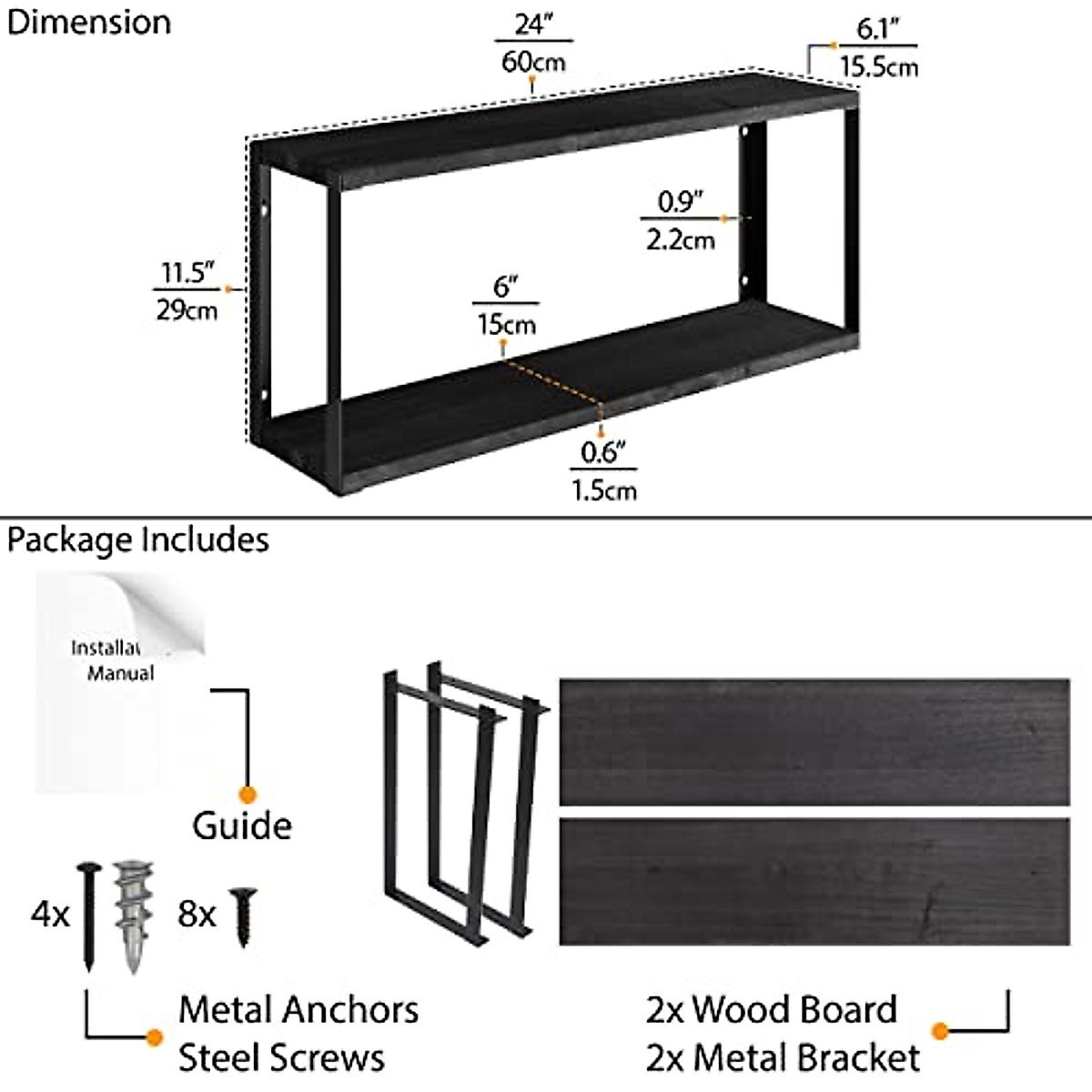 Wallniture Roca 24"x6" Floating Bookshelf Wall Mounted, 2 Tier Rustic Shelves for Living Room Wall Decor, Black Floating Shelves for Bedroom, Rustic Wood Shelf for Kitchen, Bathroom Storage Shelves