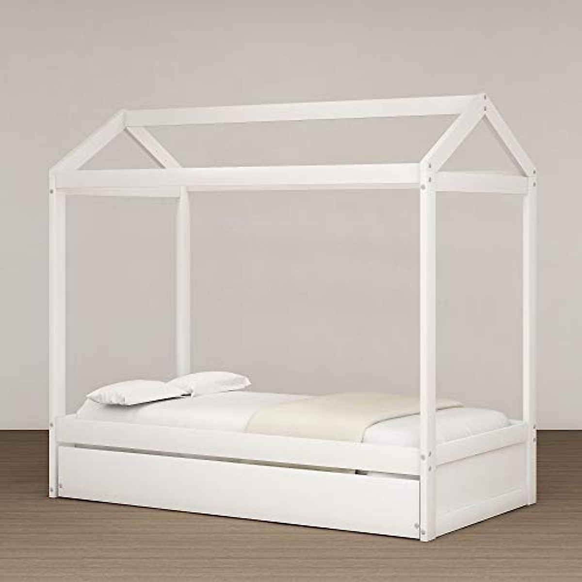 House Bed with Trundle for Kids and Toddlers, Wood Twin Size House Bed Frame, Can Be Decorated, White