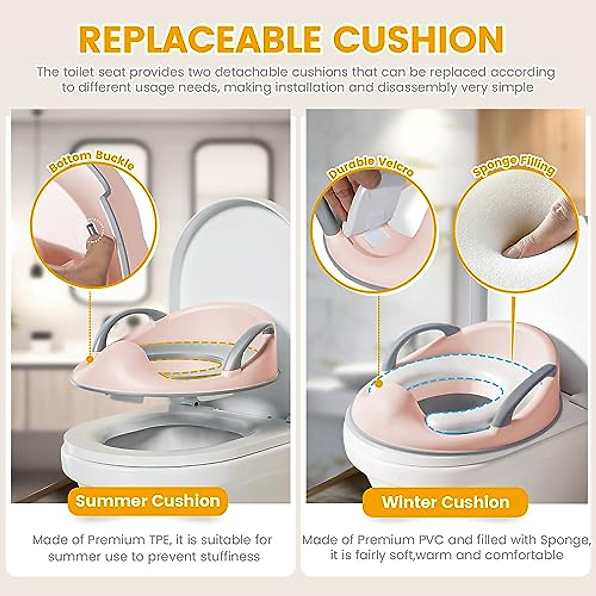 Orzbow Potty Training Toilet Seat for Boys and Girls with Handles & Detachable Soft Cushion, Kids Travel Potty Seat with Anti-Slip Design & Splash Guard, Includes Free Storage Hook,Toilet Brush, Pink