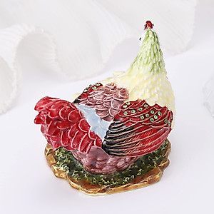 Hand Painted Hen Trinket Box for Home Decor, Hinged Enamel Jewelry Organizer Storage for Ring Earrings, Unique Figurine Keepsake Collectible Personalized Elegant Ornaments (Hen with Chicks)