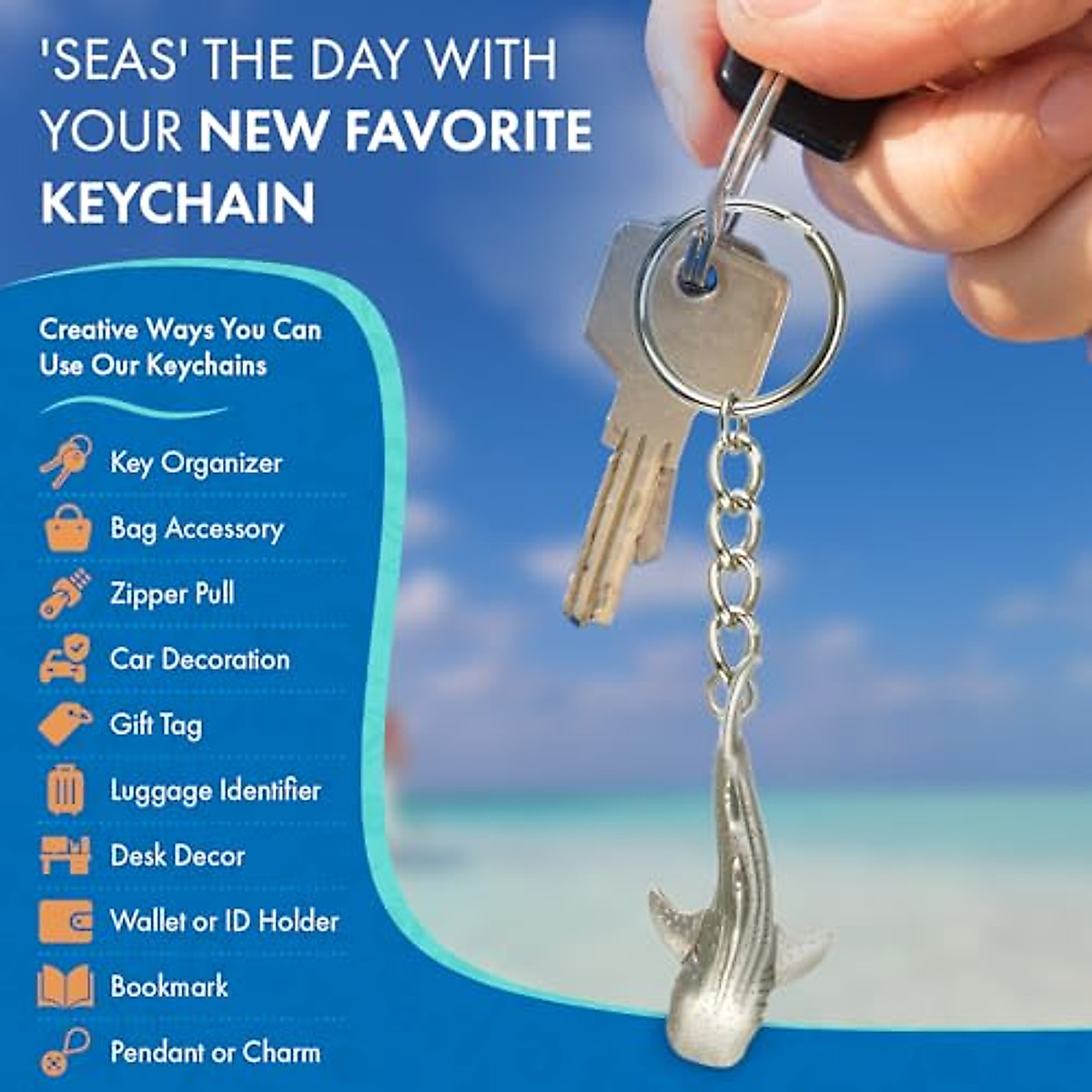 Big Blue by Roland St John Whale Shark Keychain for Men and Women -Whale Shark Keychain Charm, Gifts for Shark Lovers, Realistic Pewter Keyring, Sea Life Key Chain, Scuba Diving Gifts