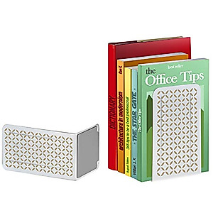 Acrimet Metal Bookends Design Series (Heavy Duty) (White Bookend with Gold Design) (1 Pair Pack)