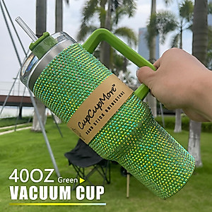 Cupcupmore 40oz Green Bling Rhinestone Stainless Steel Sippy Tumbler Glitter Vacuum Insulated Water Bottle with Straw & Lid &Handle,Thermos for Hot & Cold Drinks,Car Cup Holder,Coffee