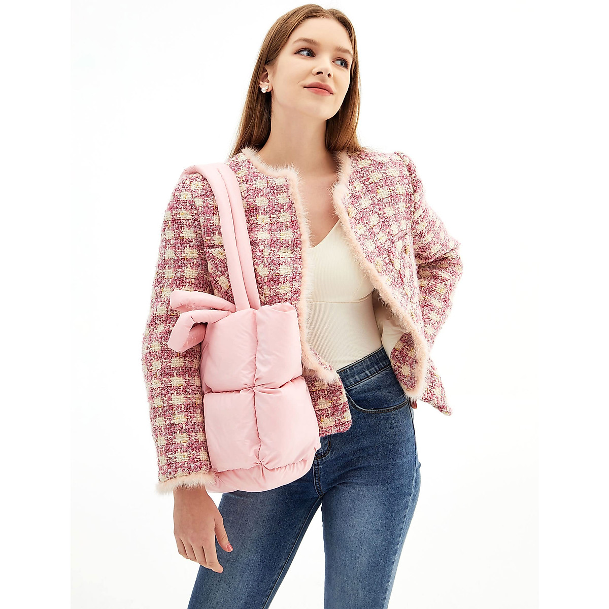 BDSX Large Puffer Shoulder Bag, Trendy Luxury Chic Quilted Cotton Padded Tote Bag for women, Winter Soft Puffer Tote Bag Nylon Down Pillow Bag Women's Handbags & Shopper Bag(Pink)