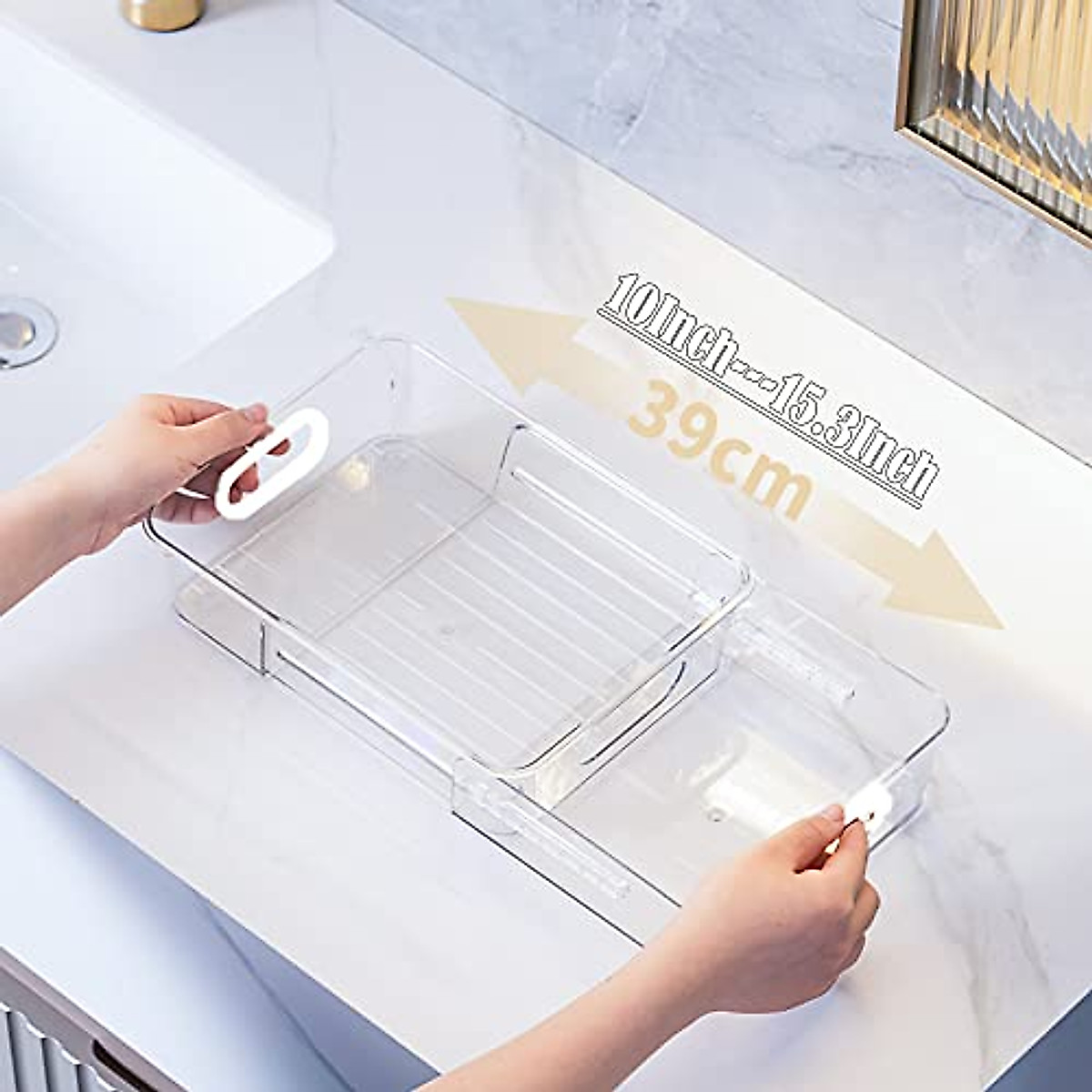 Pull-Out Decorative Tray 15.3x7.1 Inches, Clear Tray for Bathroom Dresser Counter Countertop,Dispenser Plate Serving Trays Pedestal Tray for Perfume,Cosmetics,Jewelry,Makeup,Skincare Organizer