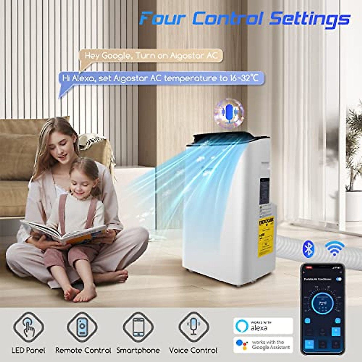 Aigostar 12000 BTU Smart Portable Air Conditioner, Dehumidifier, Fan, 4-in-1 AC Unit Room Up to 550 Sq.Ft, WIFI App & Remote Control,Works with Alexa/Google Assistant, 24H Timer, Window Kit, White