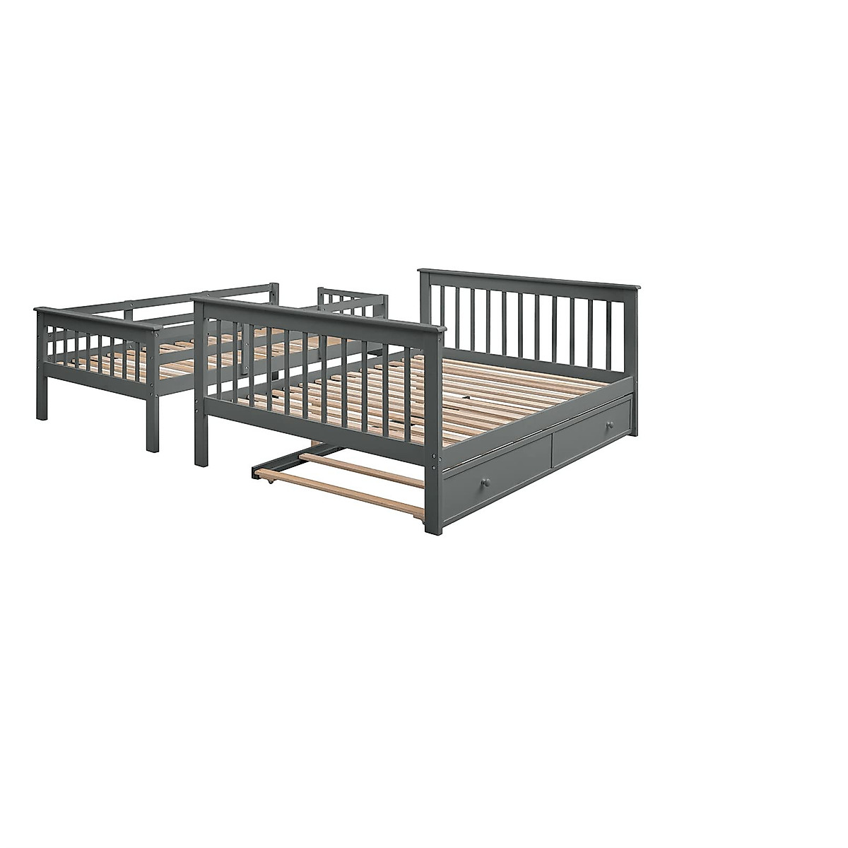 Twin Over Full Bunk Bed with Stairs and Trundle Wood Stairway Bunk Beds with Storage Shelf for Kids Boys Girls Teens, Gray