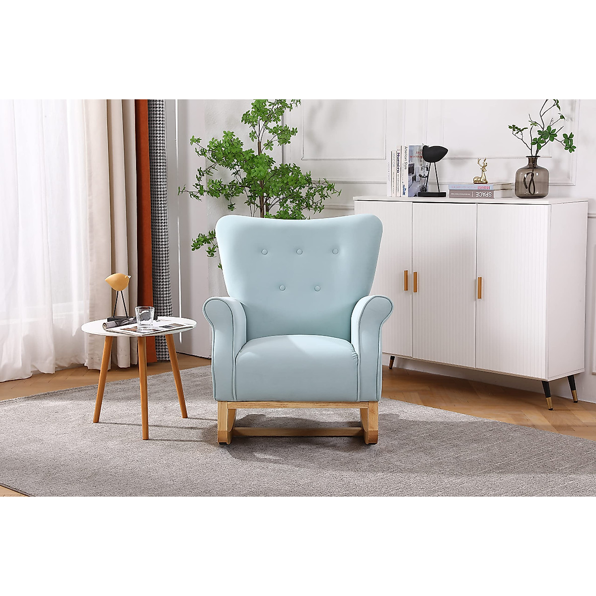 Yoluckea Modern Rocking Chair, Upholstered Rocking Armchair Accent Chair Comfy Wingback Glider Rocker with Safe Solid Wood Base for Nursery, Playroom, Bedroom and Living Room (Light Blue)