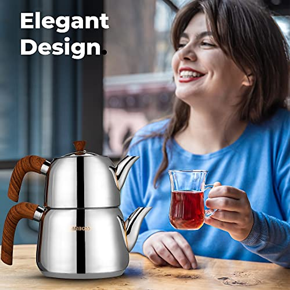 Amboss Turkish Teapot Set with Steam Lid 4 PCS Stainless Steel Wood Design Bakelite Handles Induction Compatible Turkish Tea Set