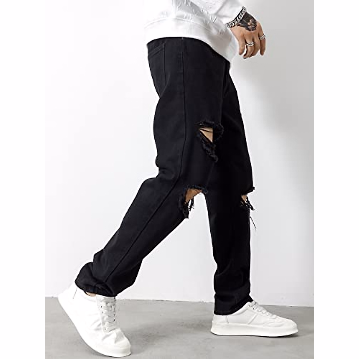 WDIRARA Men's Cut Out Ripped Frayed Zipper Fly Long Straight Leg Denim Jeans Black Solid XL