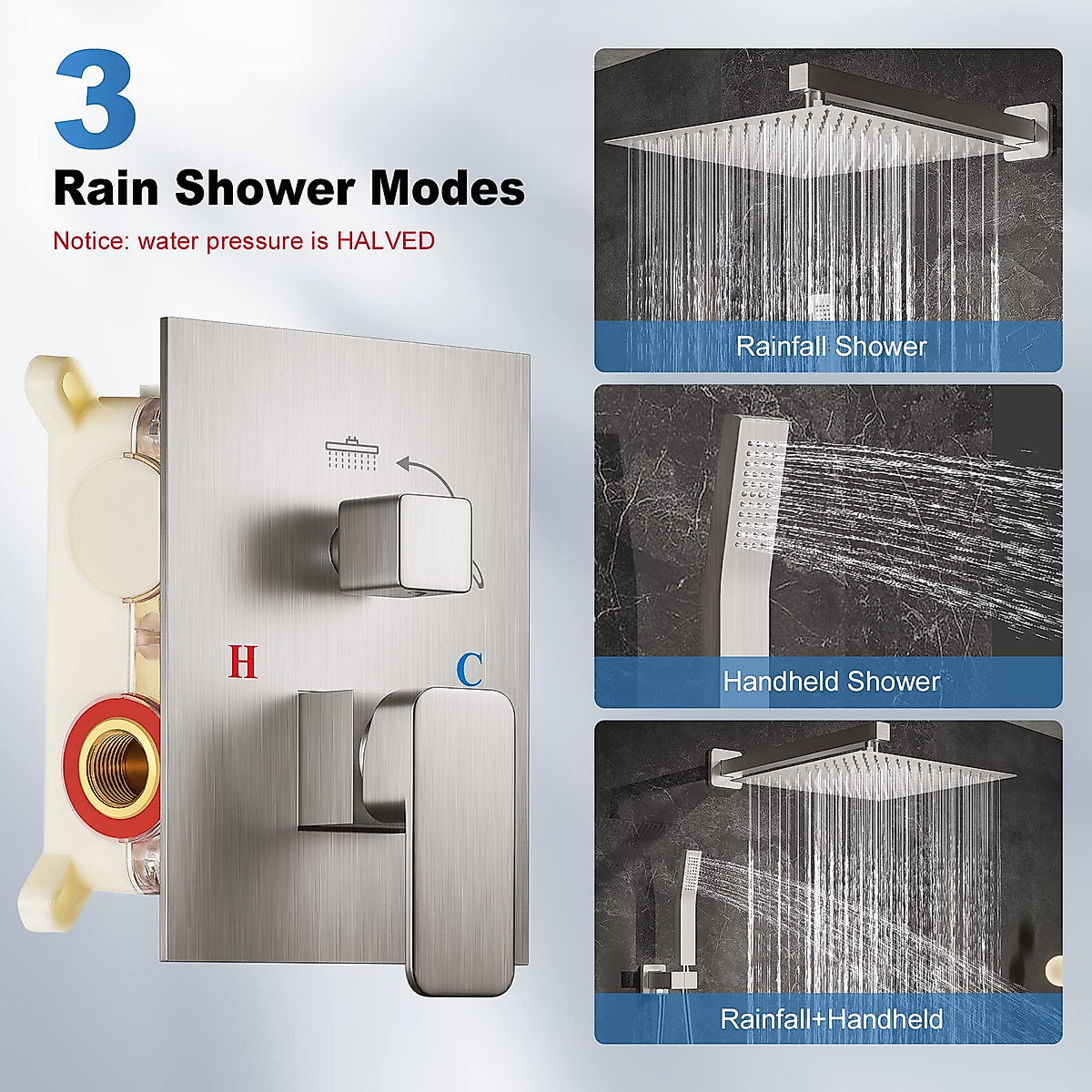 Shower System, HotQing 12 Inche Bathroom Luxury Rain Mixer Shower Combo Set Wall Mounted Square Rainfall Shower Head System Shower Faucet Fixture Combo Rough-in Valve Body and Trim Brushed Nickel