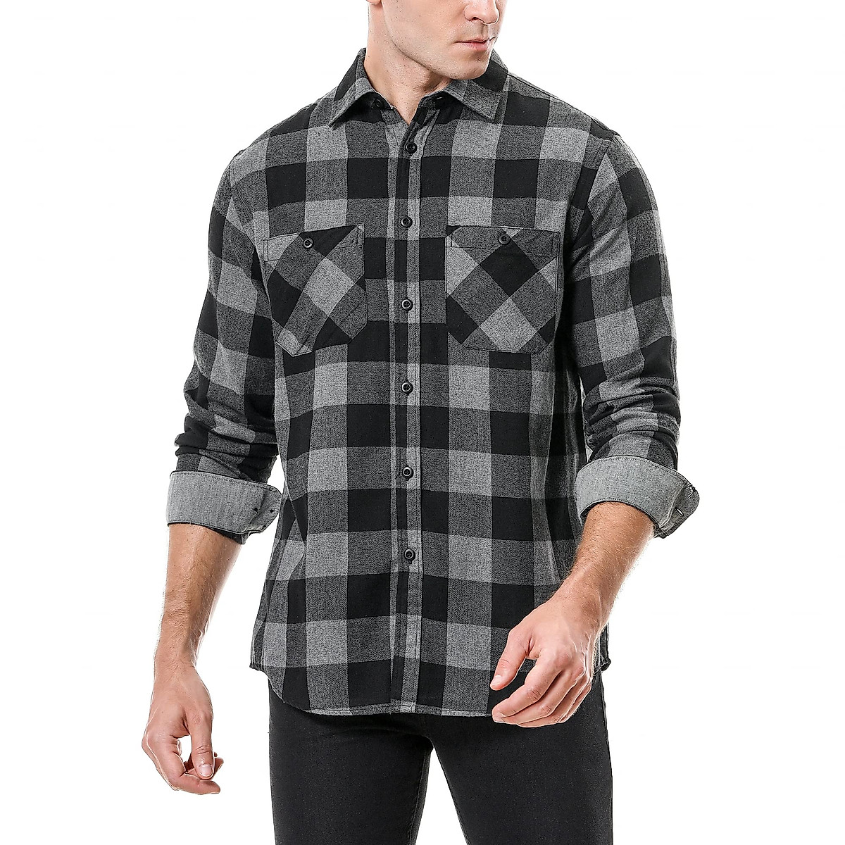 Damipow Flannel Shirt for Men Button Down Long Sleeve Shirts Plaid Flannels Men Shirt,Grey,L