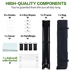 Tunbne 10'x10' Pop Up Canopy Tent with 1 Sidewall and 6 Pockets, One Push Setup, Instant Shade Tent with Vented Roof for Beach Patio Outdoor, Case, 8 Stakes, 4 Ropes, 4 Sandbags (White)