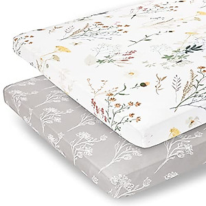Pobibaby - 2 Pack Premium Pack N Play Sheets Fitted for Standard Pack and Plays and Mini Cribs - Ultra-Soft Jersey Knit, Stylish Floral Pattern, Safe and Snug for Baby (Wildflower)