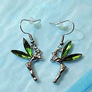 DianaL Boutique Tinkerbell Fairy Earrings Green Crystal Wings Gift Boxed Tinker Bell