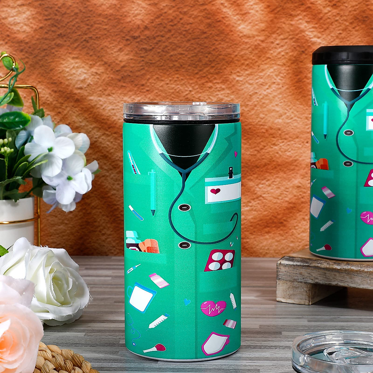 Didaey 4 Pcs Nurse Gifts Include 2 Pcs 16 oz Nurse Tumblers Nurse Nutrition Facts 4 in 1 Tumbler Can Cooler Cup Stainless Steel Insulated Nursing Mug and 2 Pcs Nurse Appreciation Keychain for Nurses