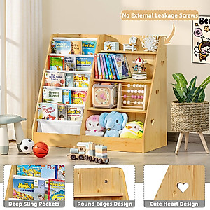 Lerliuo 4 Tier Kids Bookshelf and Storage Organizer, Five Layer Sling Children Bookcase, Baby Toddler Wooden Book Shelf, Display Cabinet for Playroom, Bedroom, Classroom, Nursery, School (Natural)