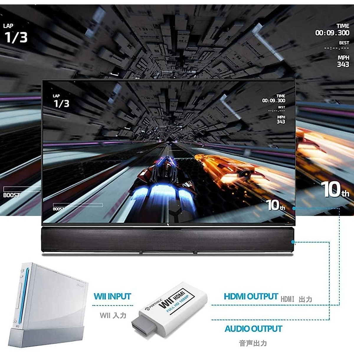 PORTHOLIC Wii to HDMI Converter 1080P with 5FT/1.5M High Speed HDMI Cable Wii2 HDMI Adapter Output Video&Audio with 3.5mm Jack Audio, Support All Wii Display 720P, NTSC, Compatible with HD Device