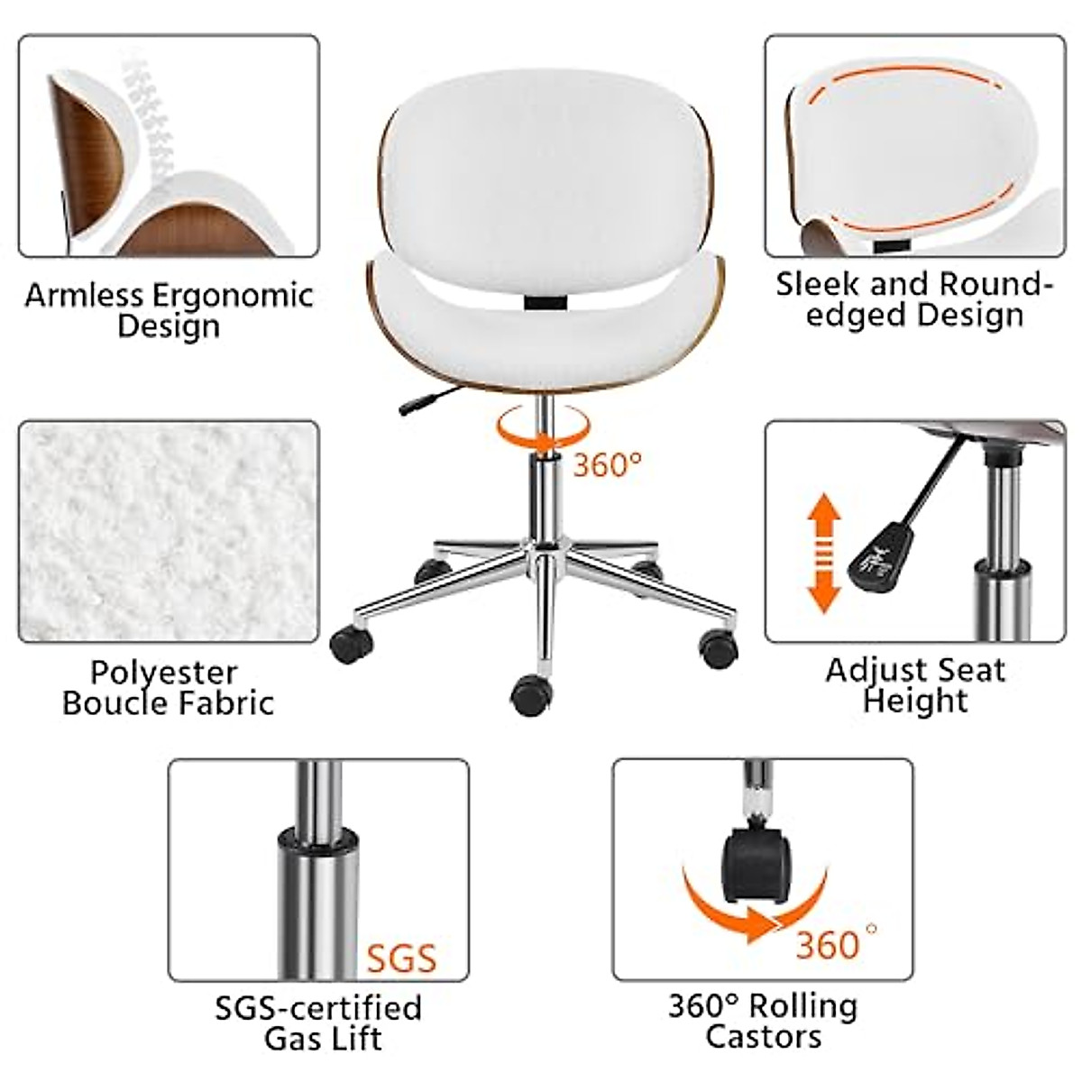 Yaheetech Ergonomic Desk Chair Armless Office Chair Mid-Century Bentwood Seat Computer Chair Boucle Fabric Swivel Chair Height Adjustable for Bar Meeting Room Hotel, White