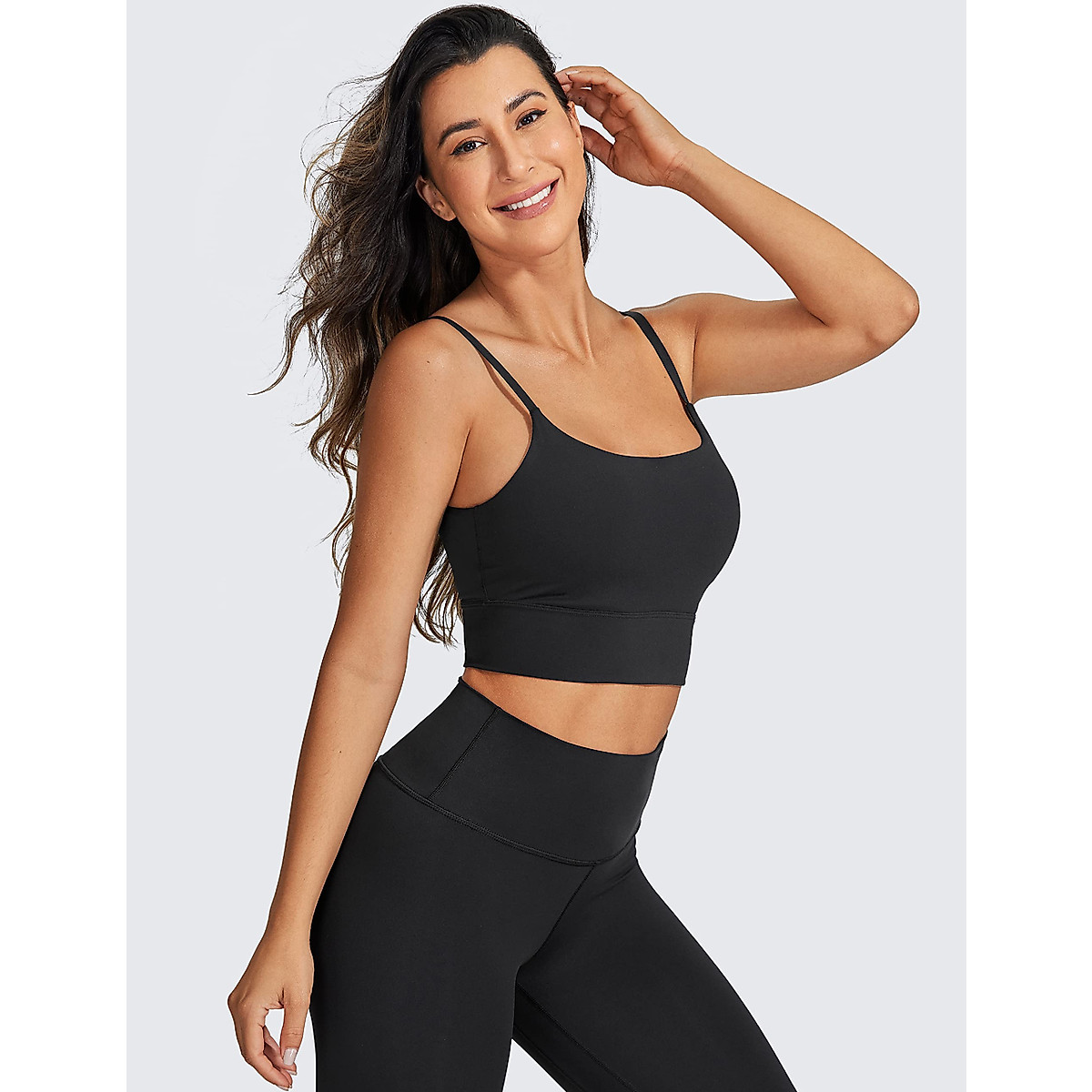 CRZ YOGA Adjustable Longline Sports Bra for Women - V Back Wireless Workout Padded Yoga Camisole Cropped Tank Tops Black Large