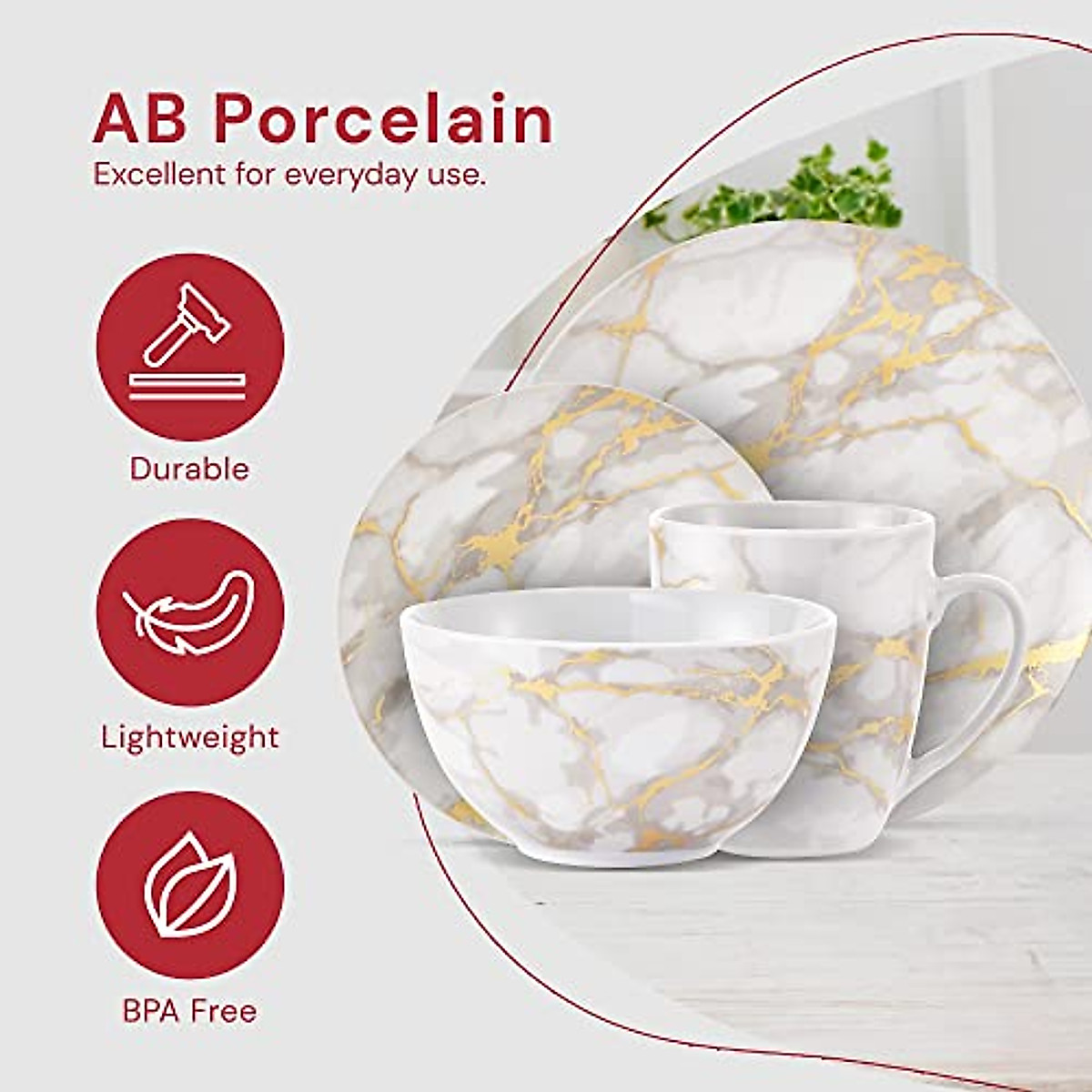 Safdie & Co. - Gold Marble Plates and Bowls Sets, Modern Dinnerware Set, Kitchen Dinnerware Sets, Indoor and Outdoor Plates, 16-Piece Kitchen Plates and Bowls Set with Mugs, Dishwasher Safe