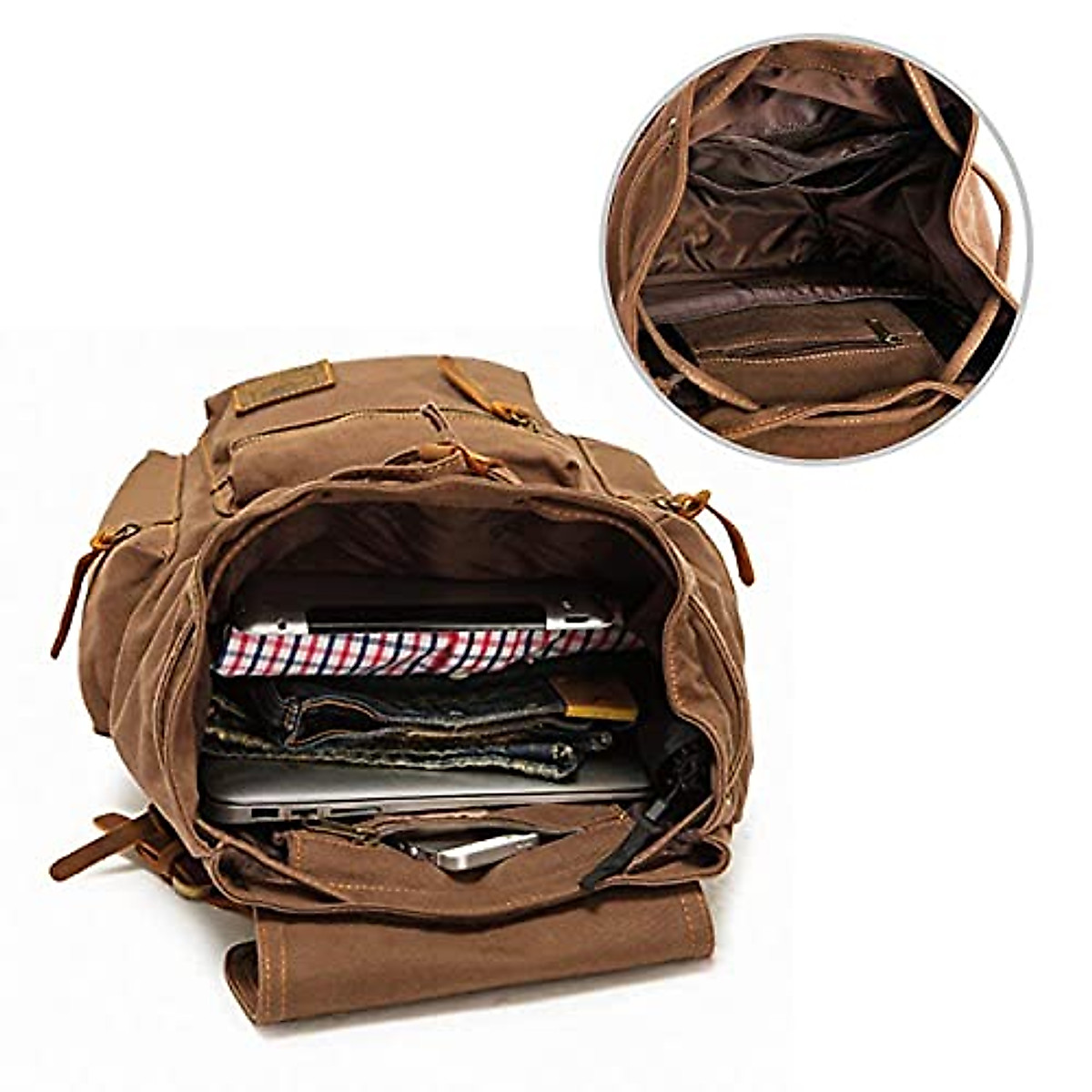 AUGUR High Capacity Canvas Vintage Backpack - for Hiking Travel 12-15.6" Laptop Backapcks for Men Casual Daypacks Rucksack(L-Khaki)