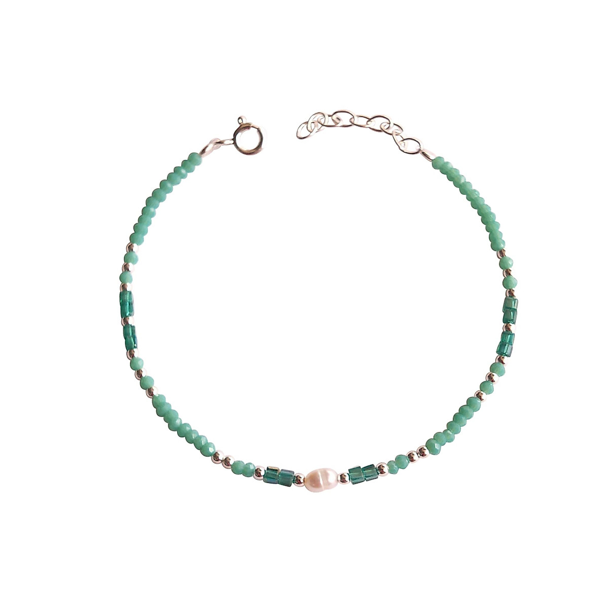 Handmade 925 Sterling Silver, Pearl and Glass Beads Bracelet for women, Length 6.5-7.5 inches, Adjustable Dainty Turquoise Color Beaded Bracelet, Beach Summer Jewelry, By MiYa Jewelry Creations