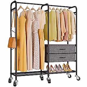Timate P4 Rolling Clothes Rack for Hanging Clothes Portable Freestanding Garment Rack with Lockable Wheels, Heavy Duty Clothing Rack with Storage Drawers hanging Rods side Hooks Wire Shelves, Black