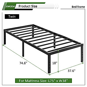 EMODA 18 Inch Twin Bed Frame No Box Spring Needed, Heavy Duty Tall Metal Twin Platform Bed Frames with Large Storage Space, Noise Free, Easy Assembly, Black
