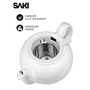 SAKI Large Porcelain Teapot, 48 Ounce Tea Pot with Infuser, Loose Leaf and Blooming Tea Pot - White