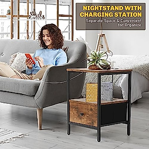 GORZING Nightstand with Charging Station, Small End Table, Narrow Side Table with Drawer, Rustic Bedside Tables for Bedroom, Living Room, Brown