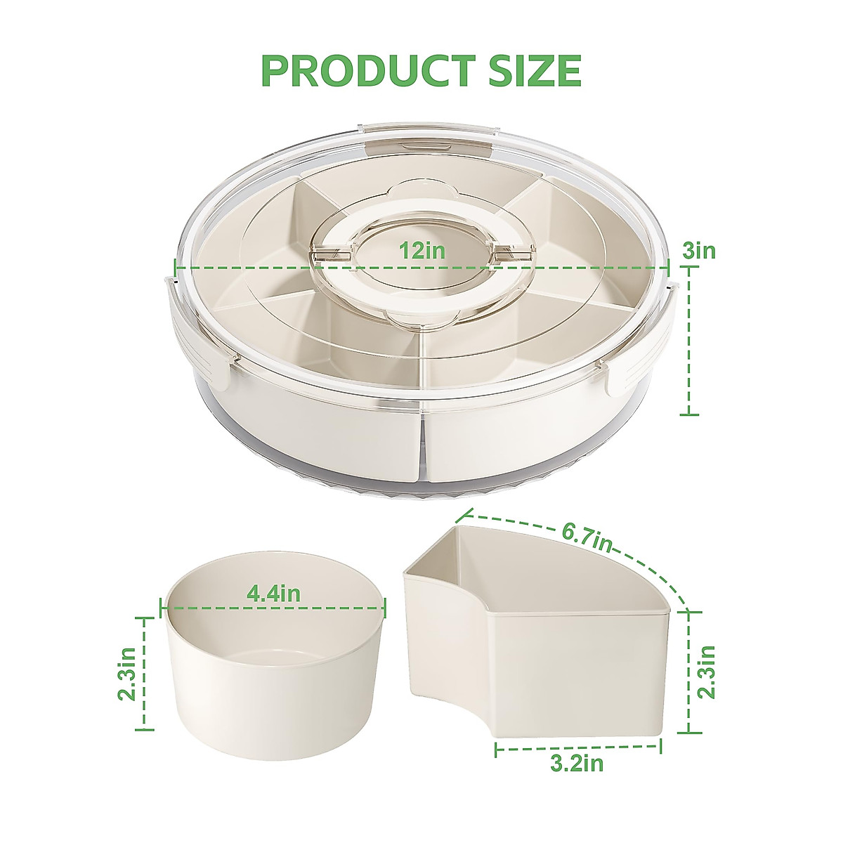 Divided Rotating Serving Tray with Lid and Handle, Portable Snackle Box for Fruits Snacks Veggie Charcuterie, Clear Snack Spinner Organizer and Storage for Adults Child (12" L-1pcs-6 Compartments)