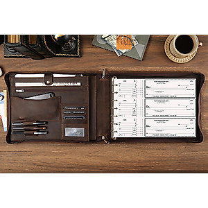 Leather Business Checkbook Binder - 7 Ring Zippered Binder with Check Book Holder for 3 Per Page, 600 Checks Capacity for 9 x 13 inch Sheets, Dark Khaki