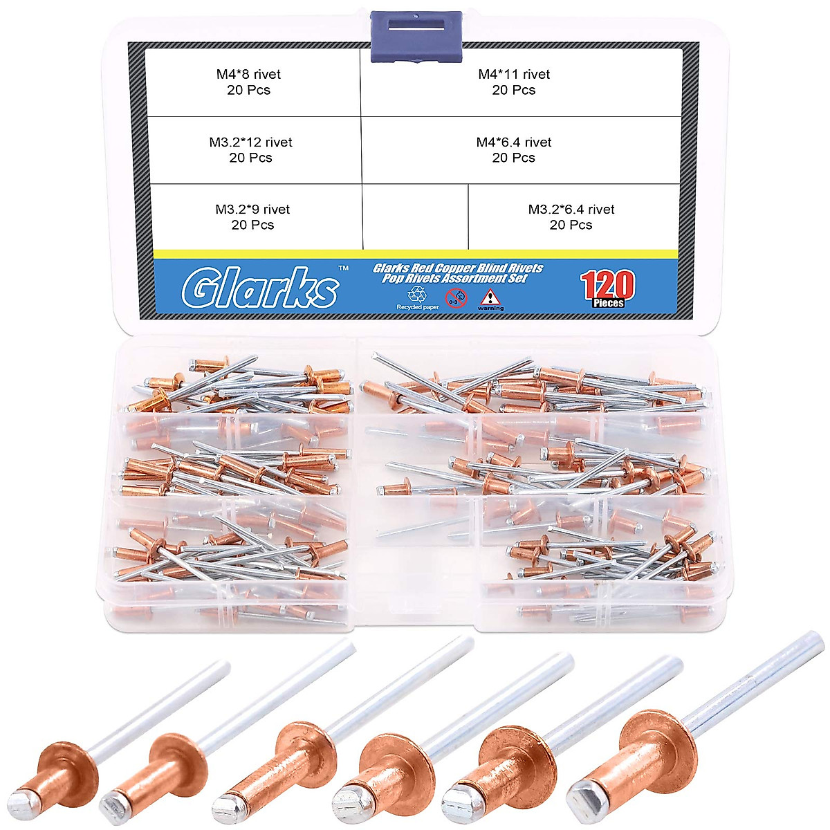 Glarks 120Pcs 6 Size Red Copper Blind Rivets Pop Rivets Assortment Set for Sheet Metal, Automotive, Railway, and Furnitures