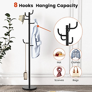 Tangkula Coat Rack Freestanding, Heavy Duty Metal Coat Tree with 8 Hooks, Coat Hanger Stand with 13-inch Enlarged Base, Standing Hall Tree, Home Entryway Hat Jacket Hanger for Scarf, Bag, Umbrella
