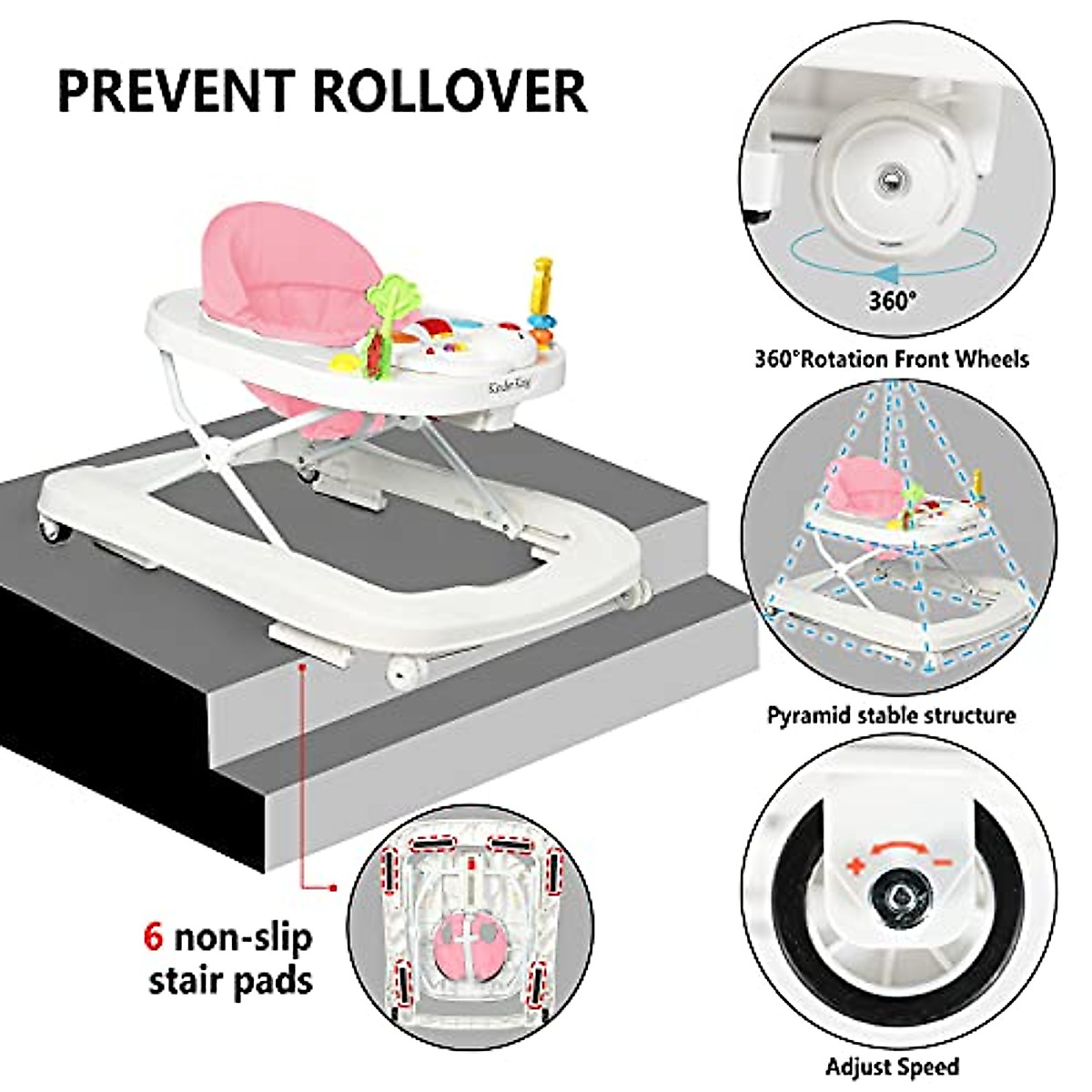 Kinder King 3 in 1 Folding Baby Walker, Activity Walker for Boys Girls, Learning-Seated, Toddler Walk-Behind w/Music Toys, Adjustable Height & Speed, Safety Bumper, Infant Walker Anti-Rollover, Pink