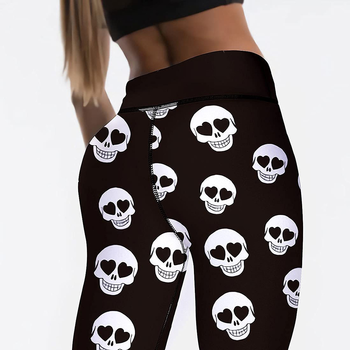 JIFRE Soft High Waist Slim Yoga Halloween Love Skull Printed Pants for Sportwear Long Trousers Fitness (Love Skull, M)