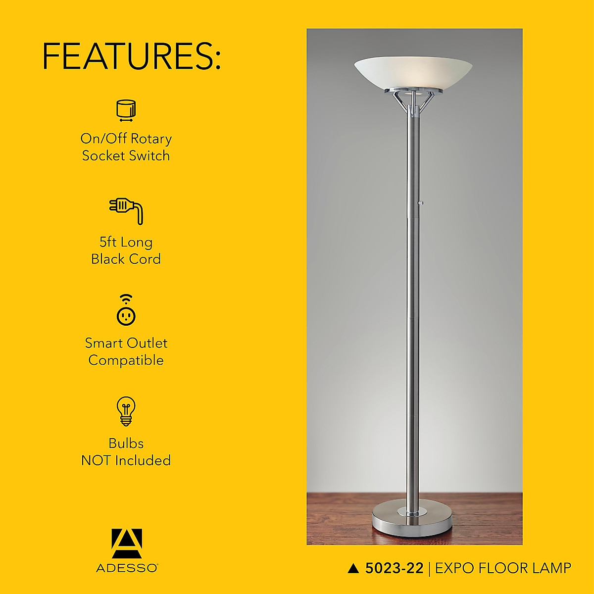Adesso 5023-22 Expo 300W Torchiere, 71.5 in, 2 x 150W Incandescent/LED, Brushed Steel/Chrome Finish, 1 Floor Lamp