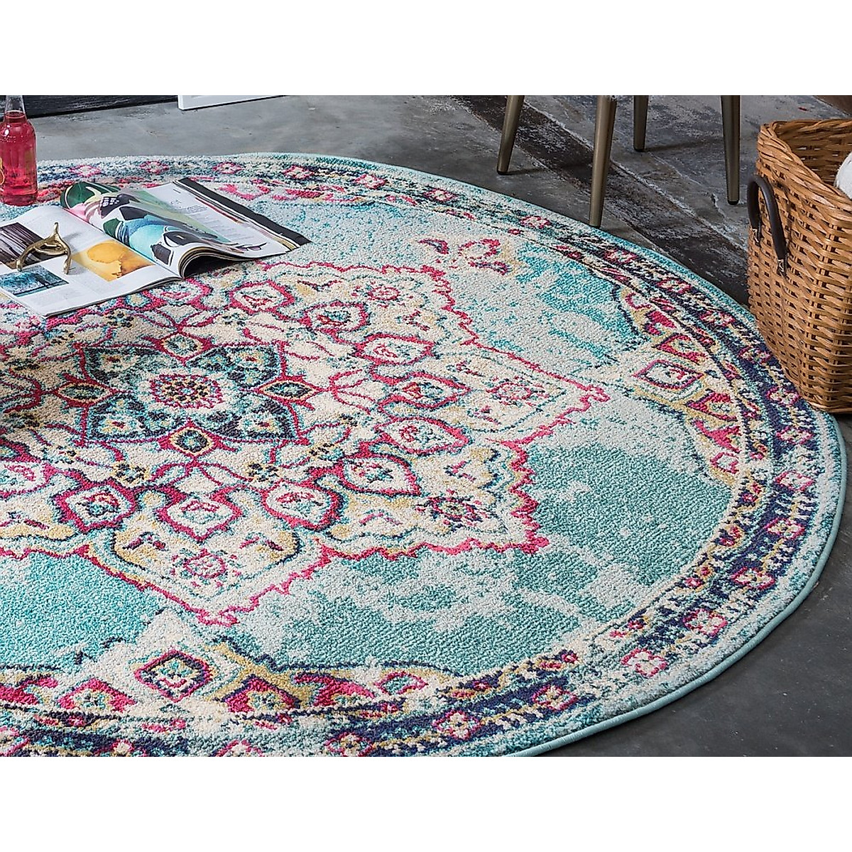 Unique Loom Medici Collection Floral Medallion Traditional Vintage Light Blue Round Rug (8' 0 x 8' 0)